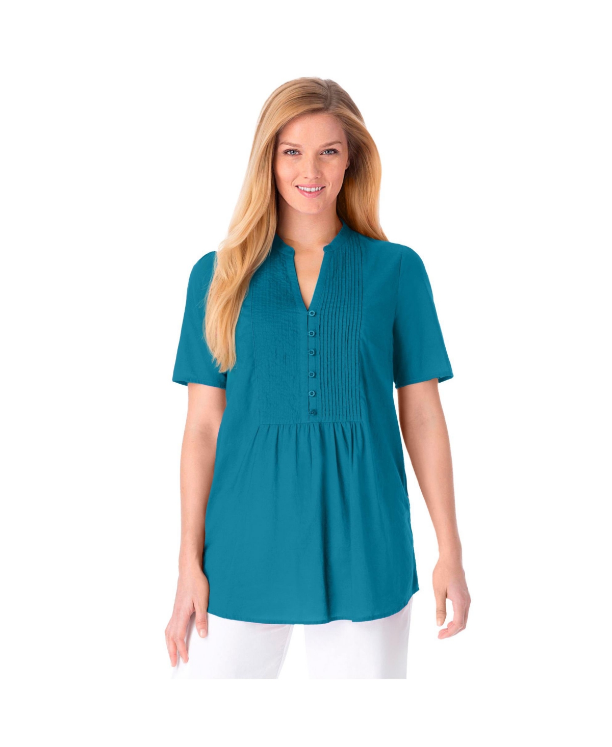 Click here for Woman Within Womens Plus Size Pintucked Half-Butto... prices