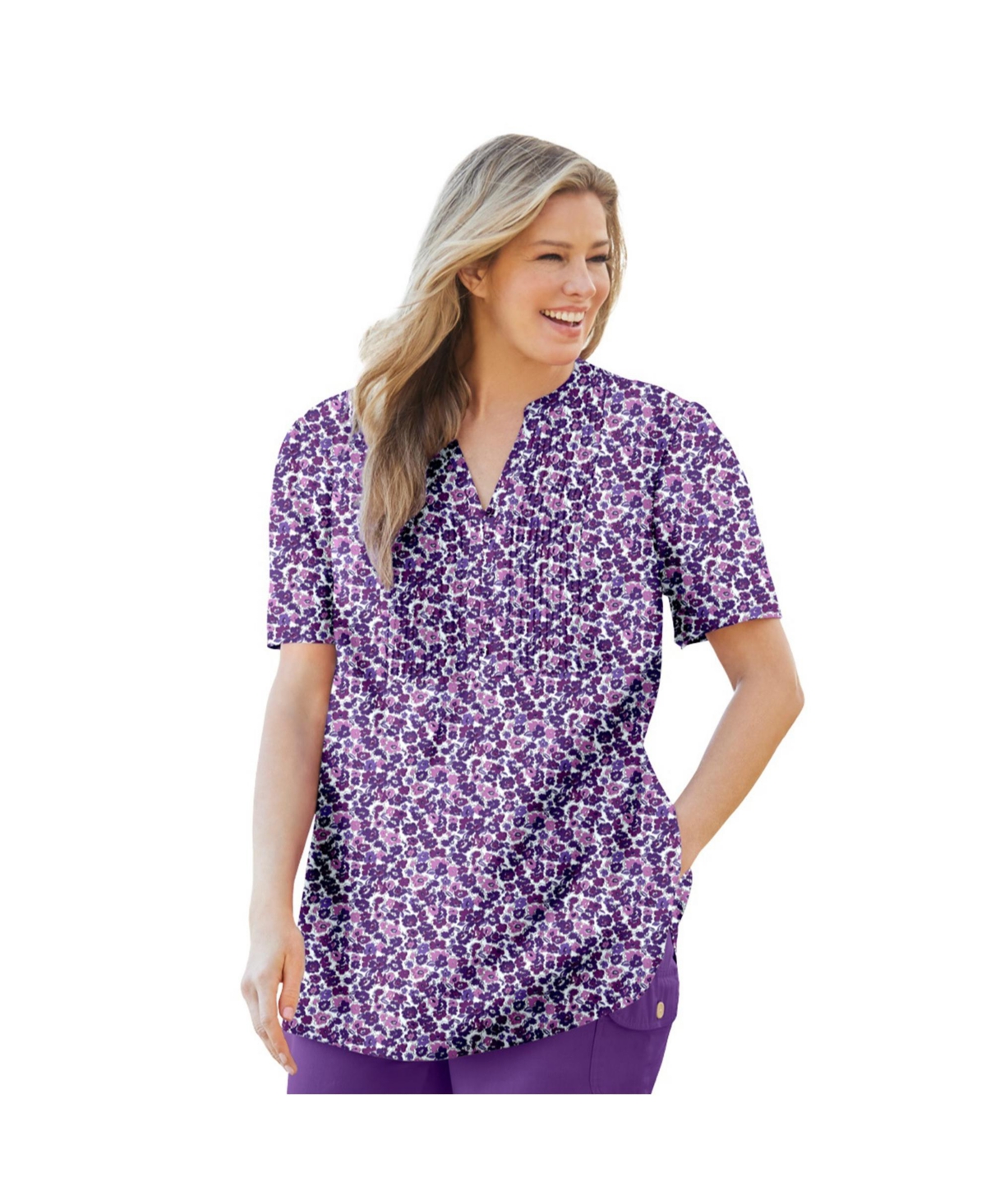 Click here for Woman Within Womens Plus Size Pintucked Half-Butto... prices