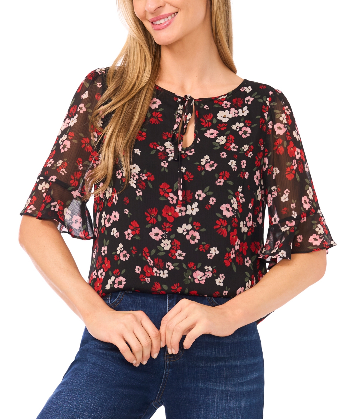 Click here for CeCe Womens Printed Split Tie Neck Top - Rich Blac... prices