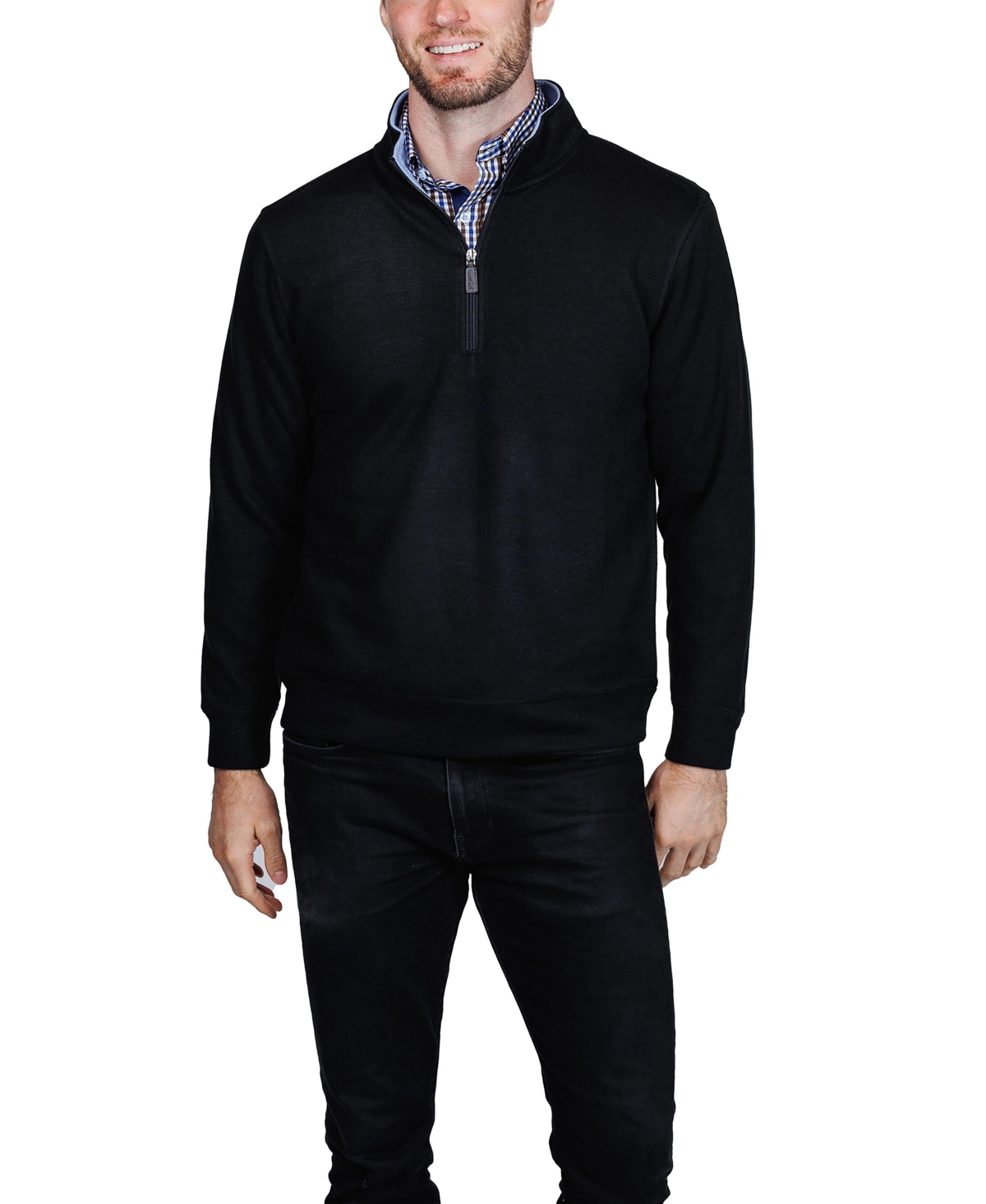 Click here for Tailorbyrd Mens French Rib Quarter Zip - Black prices