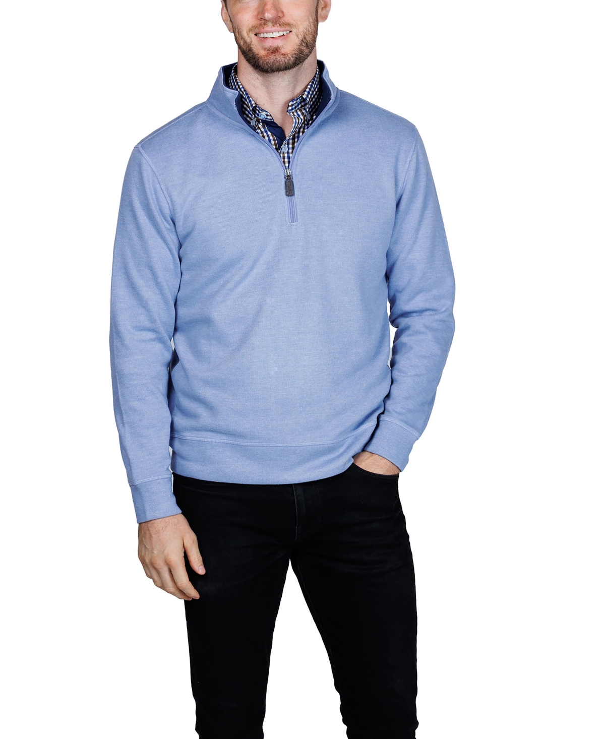 Click here for Tailorbyrd Mens French Rib Quarter Zip - Cornflowe... prices