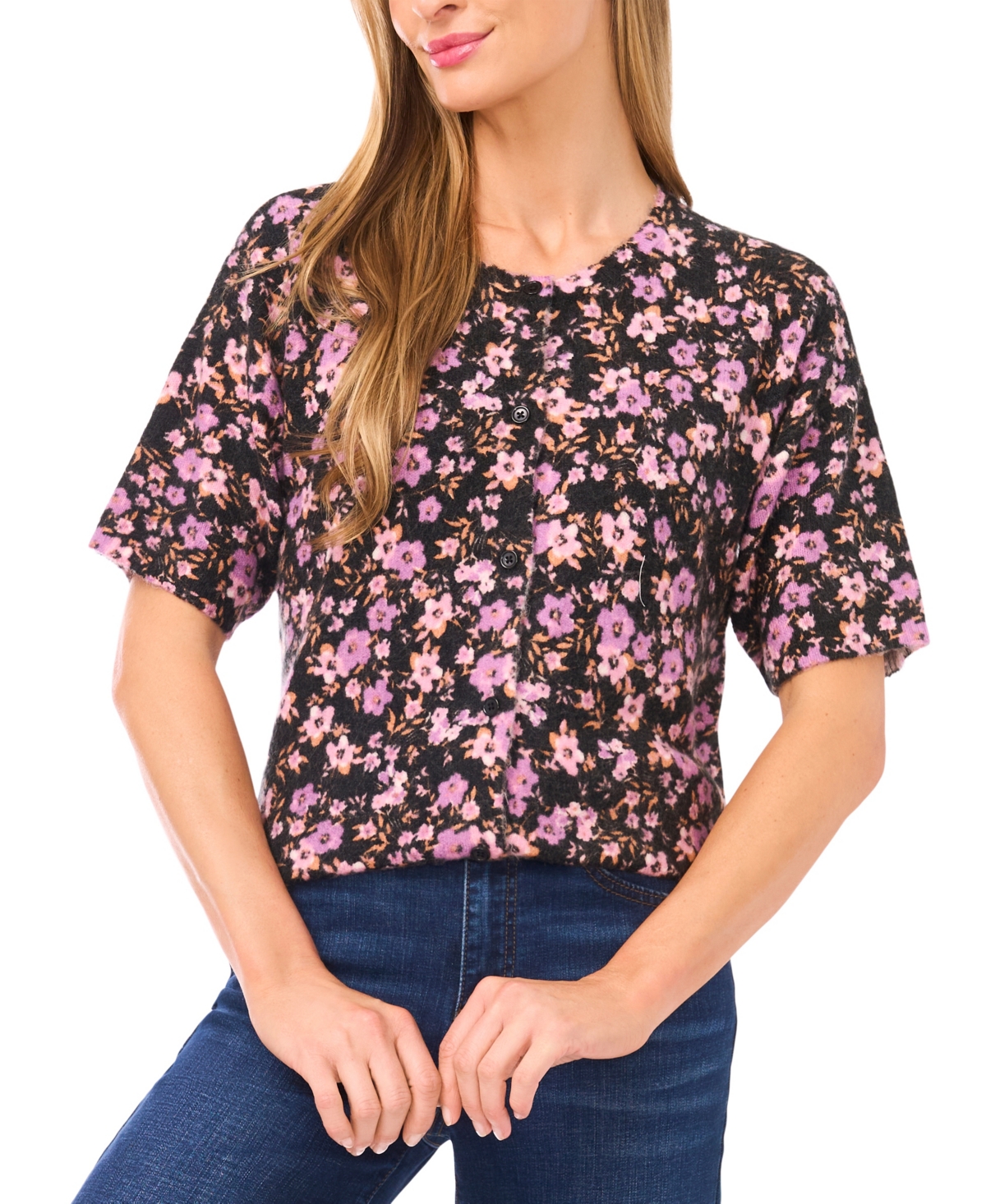 Click here for CeCe Womens Floral Print Short Sleeve Cardigan - P... prices