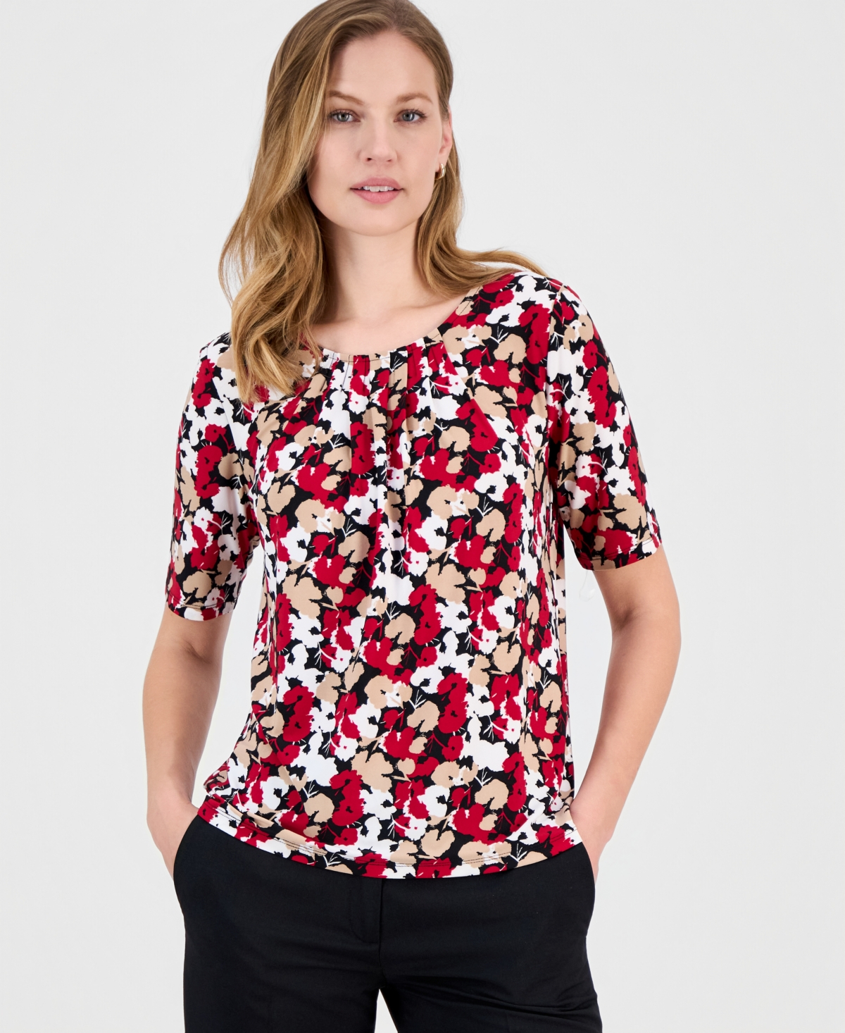 Click here for Kasper Petite Printed Box-Pleat Elbow-Sleeve Top -... prices