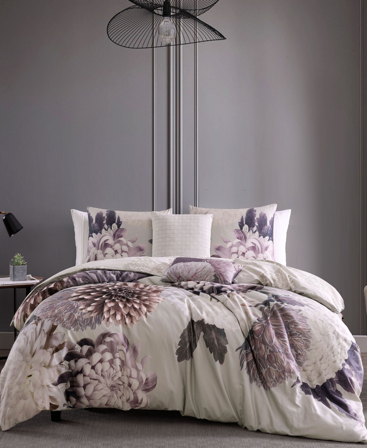 Bebejan Dahlia Bedding 100 Cotton Sateen 5 Piece Queen Size Reversible Comforter Set - Purple