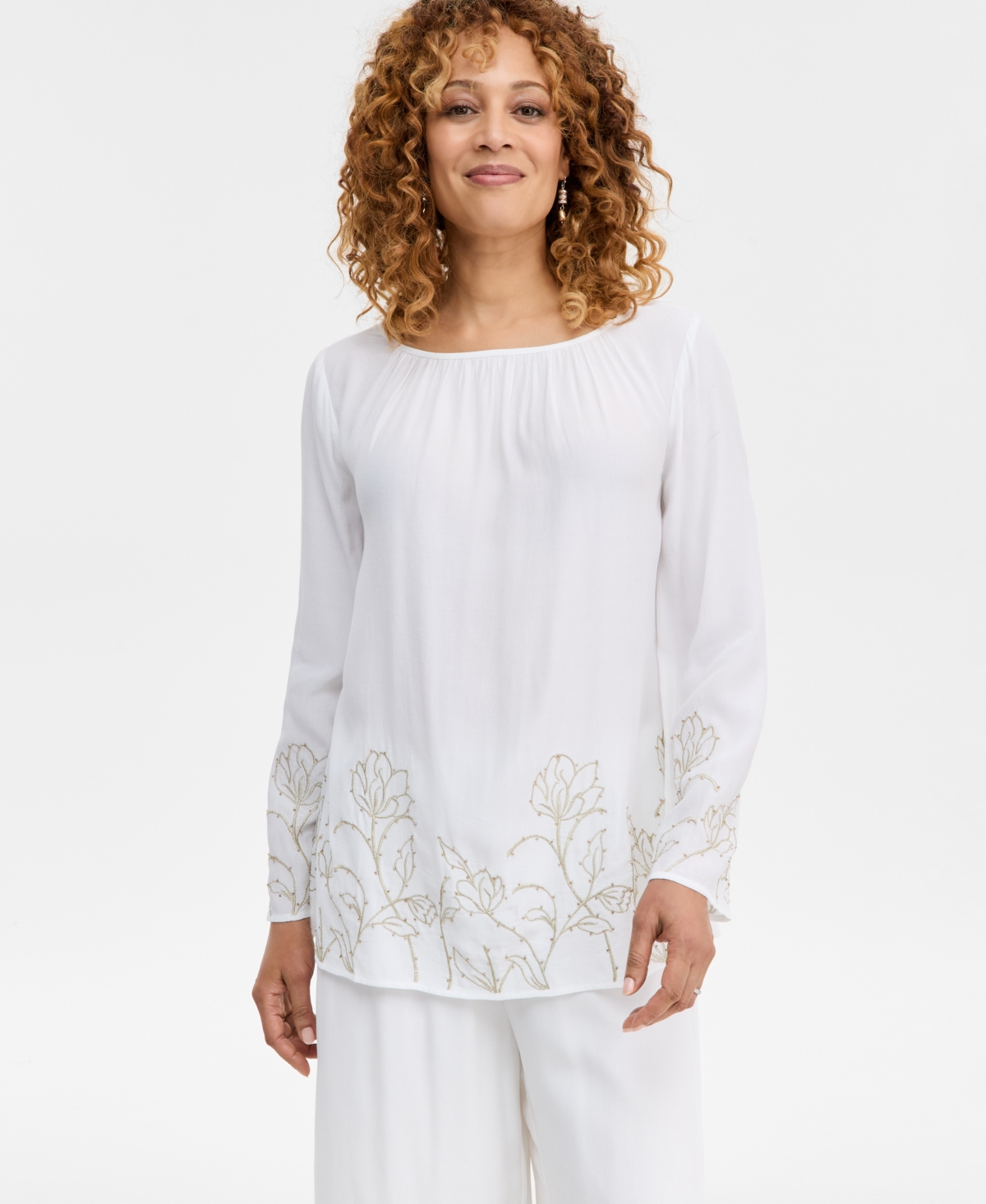 Jm Collection Womens Floral Embroidered Blouse  Macys Exclusive - Bright White
