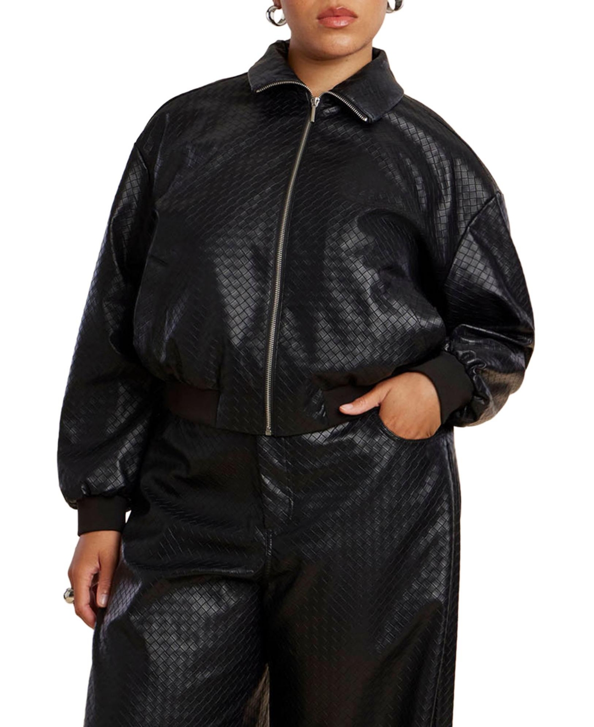 Click here for Eloquii Womens Basket Weave Faux Leather Bomber Ja... prices
