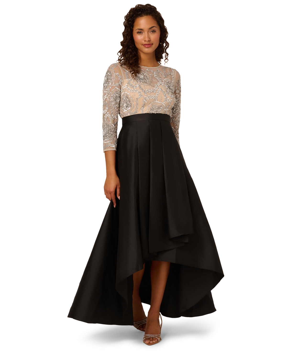 Adrianna Papell Womens Bead Taffeta Long Dress - Balck silver