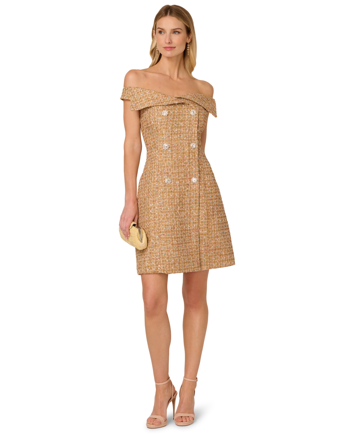 Adrianna Papell Womens Shawl Tweed Short Dress - Gold multi