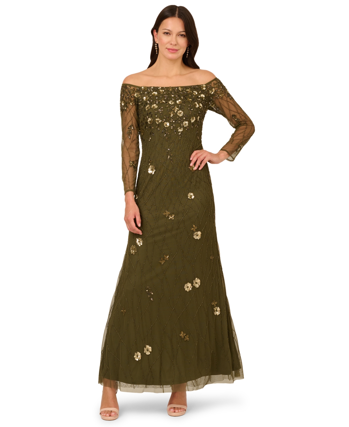 Adrianna Papell Womens Off-The-Shoulder Bead Dress - Green