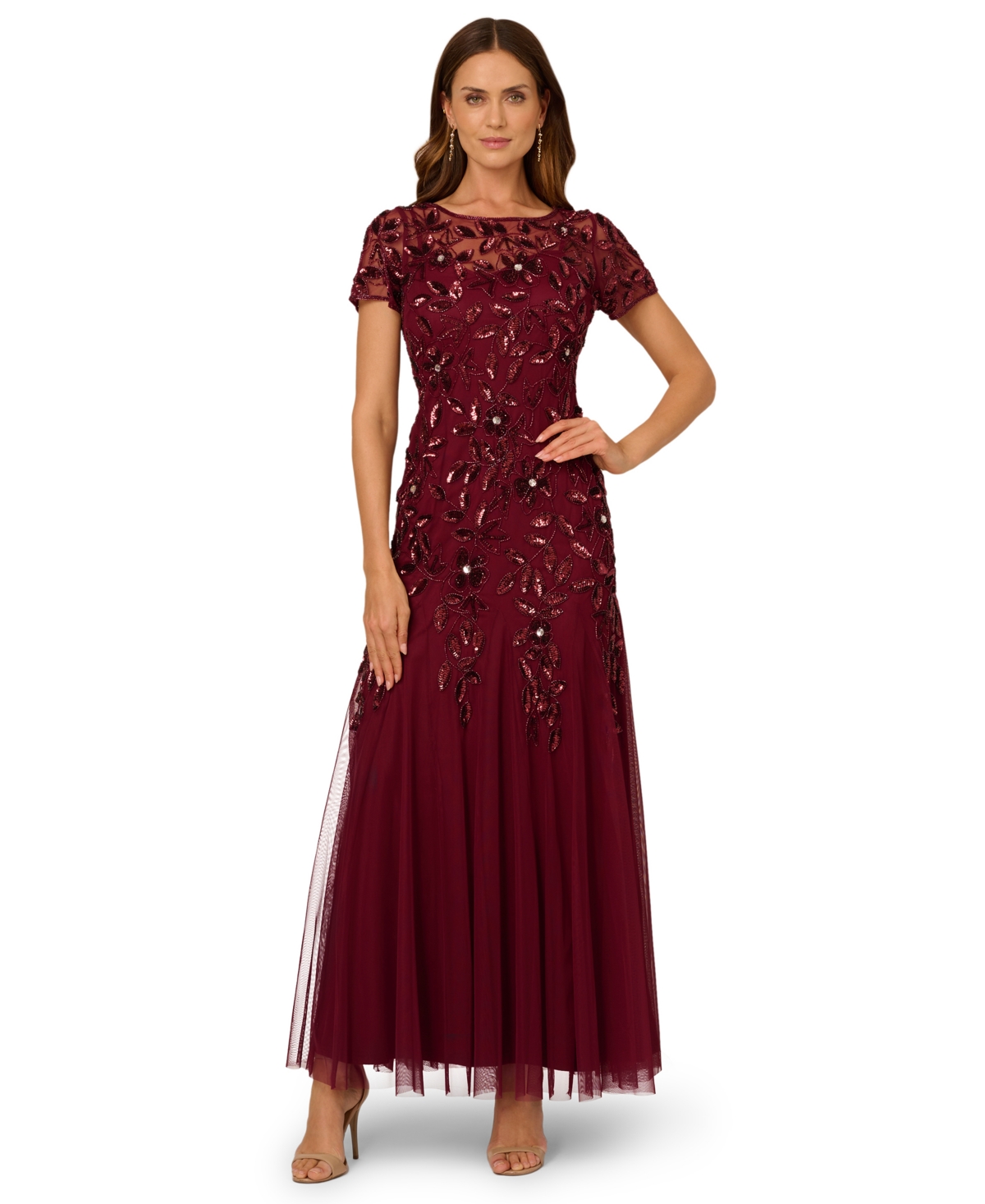 Click here for Adrianna Papell Size Floral-Beaded Gown - Mahogany prices