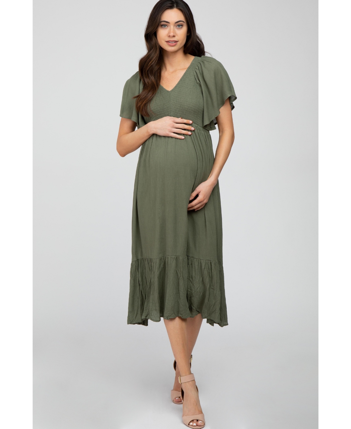 Click here for Pinkblush Olive Smocked Ruffle Maternity Dress - O... prices