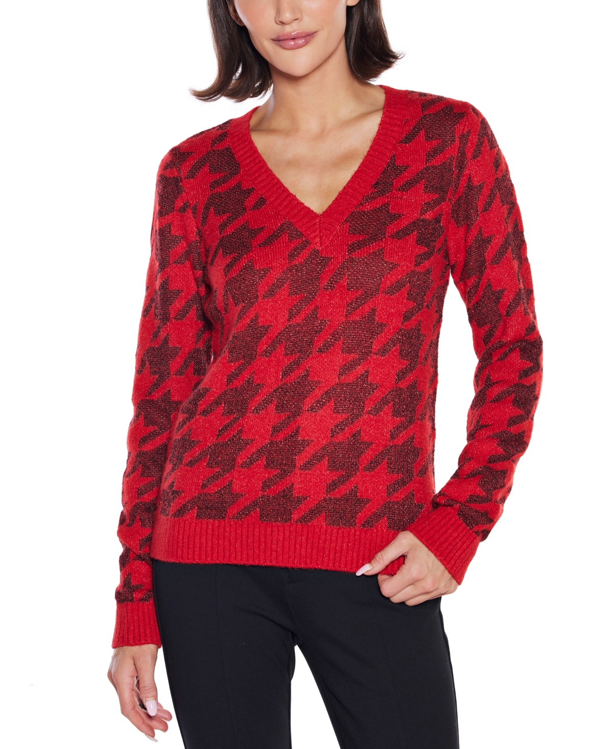 Click here for Belldini Womens Stylized-Houndstooth V-Neck Sweate... prices