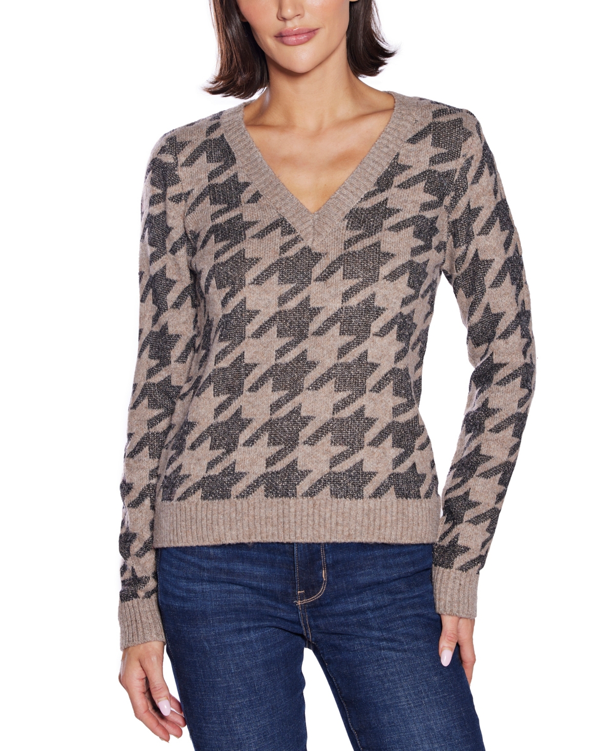 Click here for Belldini Womens Stylized-Houndstooth V-Neck Sweate... prices