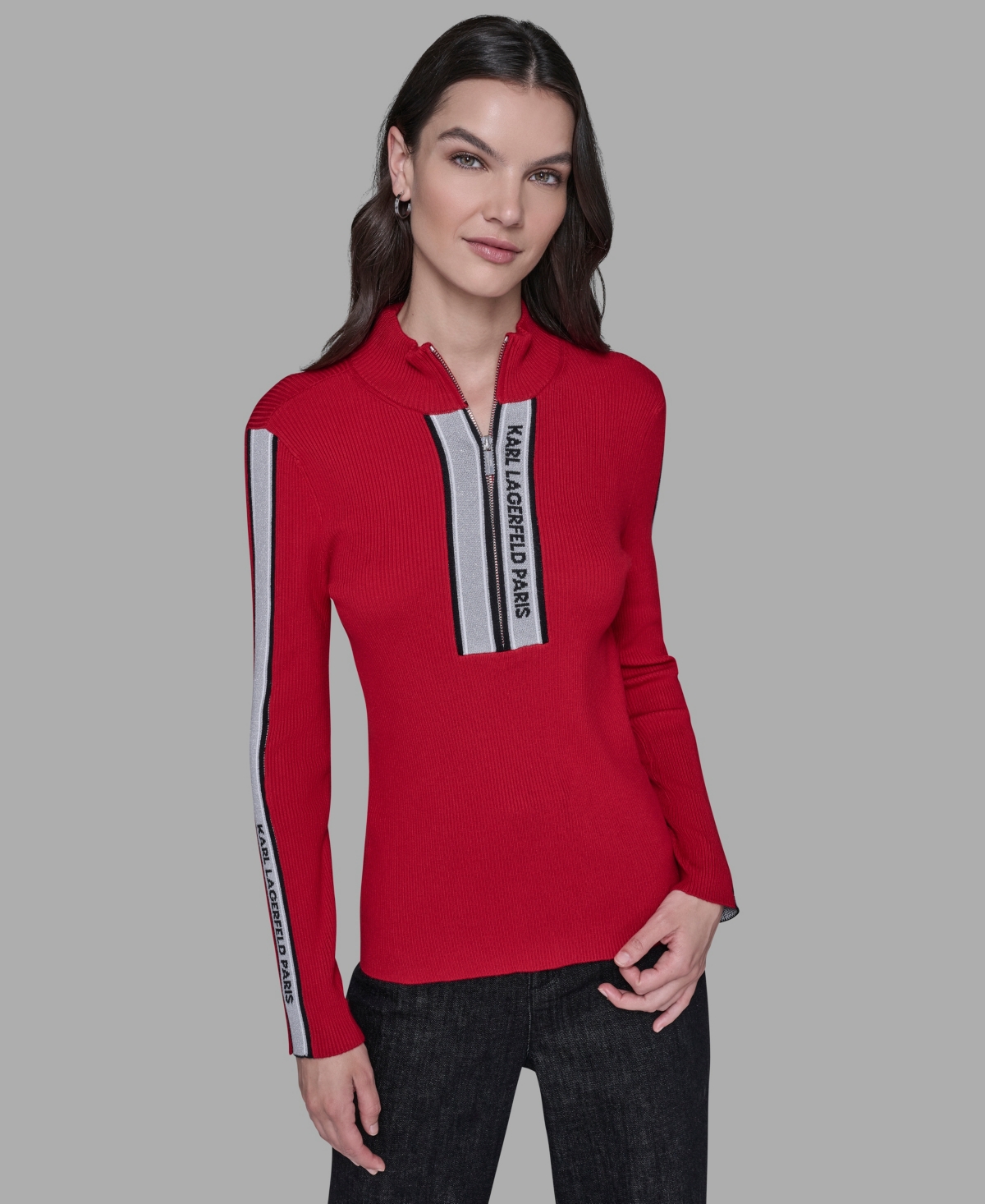 Karl Lagerfeld Paris Womens Logo Tape Zip-Up Sweater - Admiral Red