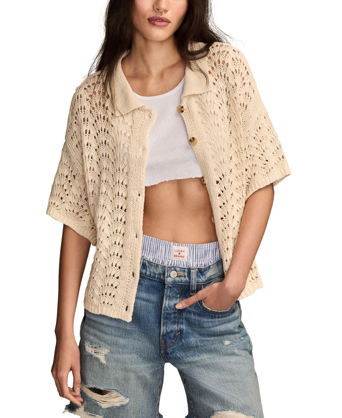 Lucky Brand Short Sleeve Cropped Button Up Sweater - Tofu