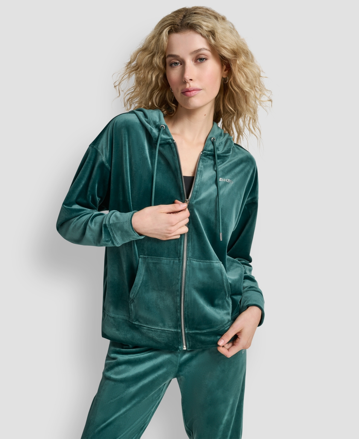 Click here for Dkny Womens Platinum Velour Rhinestone Logo Full-Z... prices