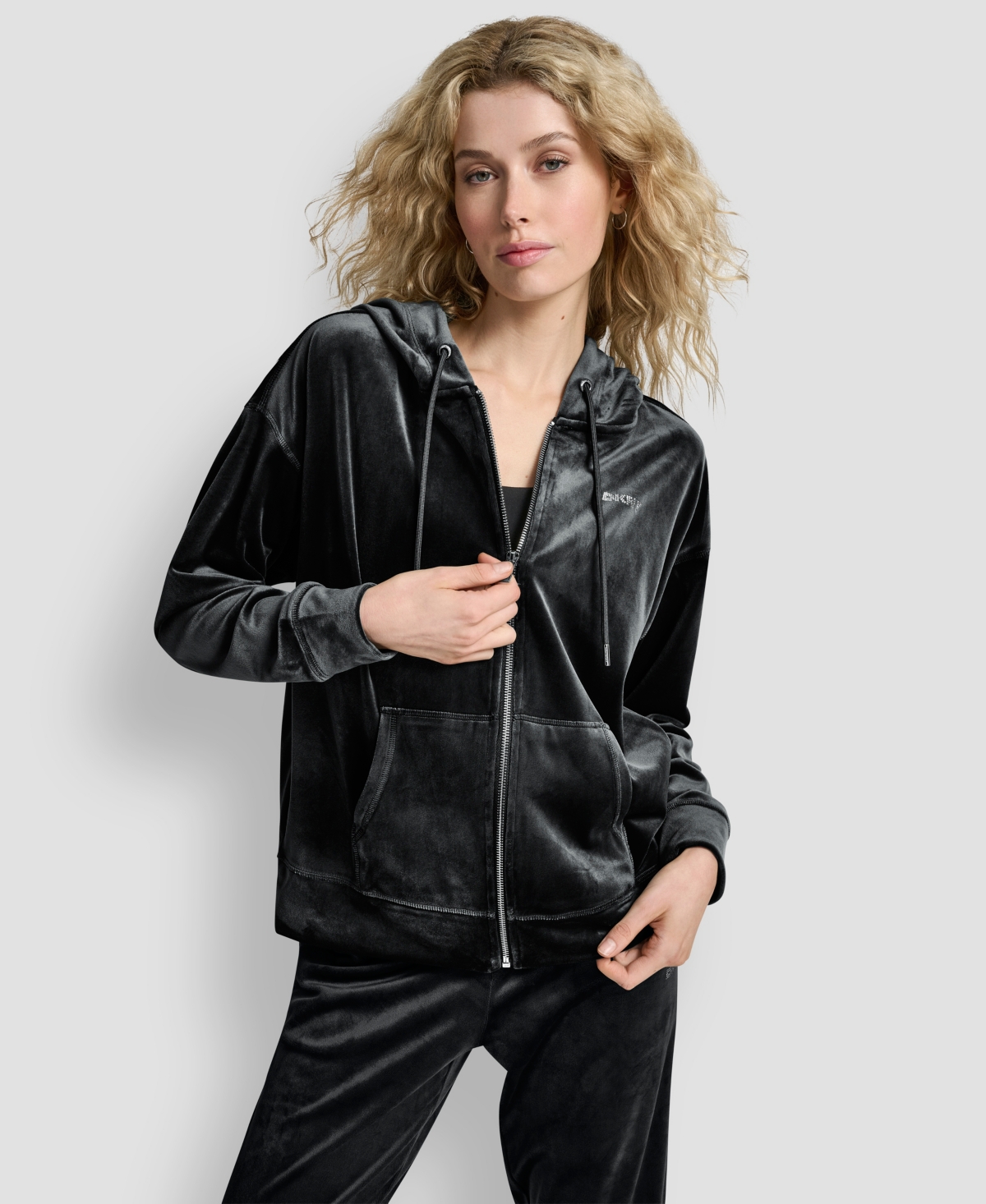 Click here for Dkny Womens Platinum Velour Rhinestone Logo Full-Z... prices