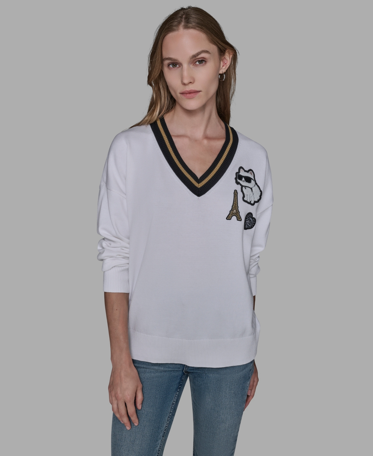 Karl Lagerfeld Paris Womens Patch Detail Sweater - Soft White/ Black