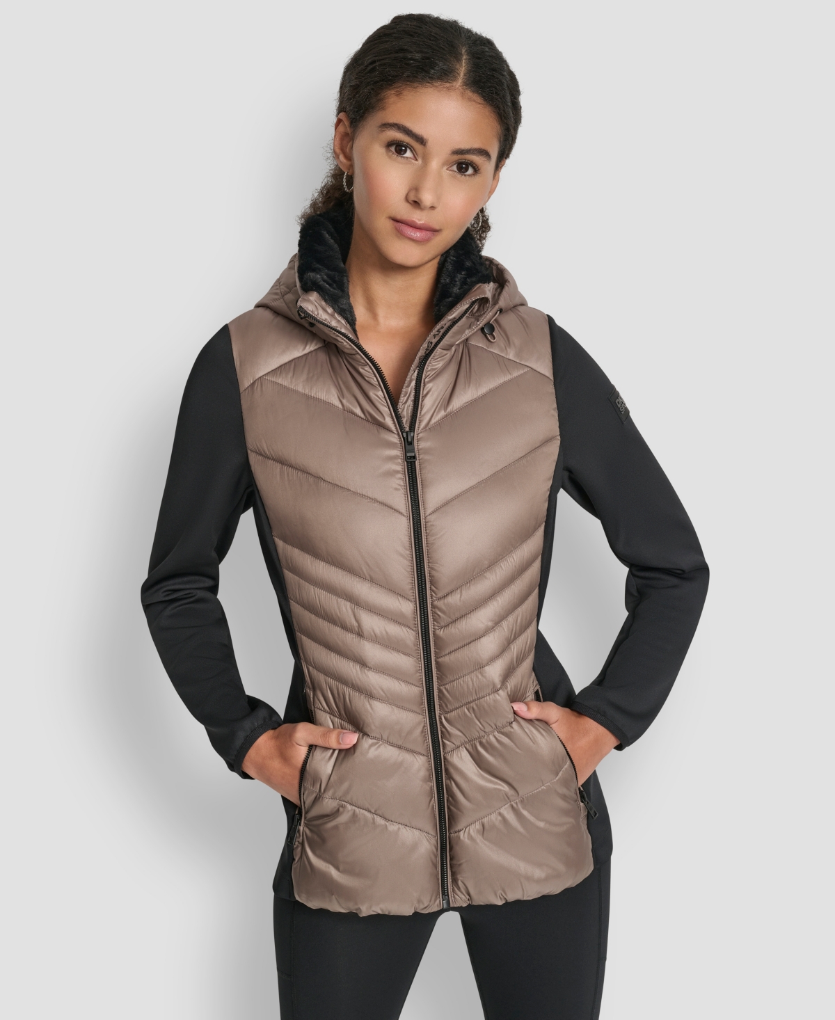 Click here for Dkny Womens Chevron Quilt Scuba Mix Collar Jacket... prices
