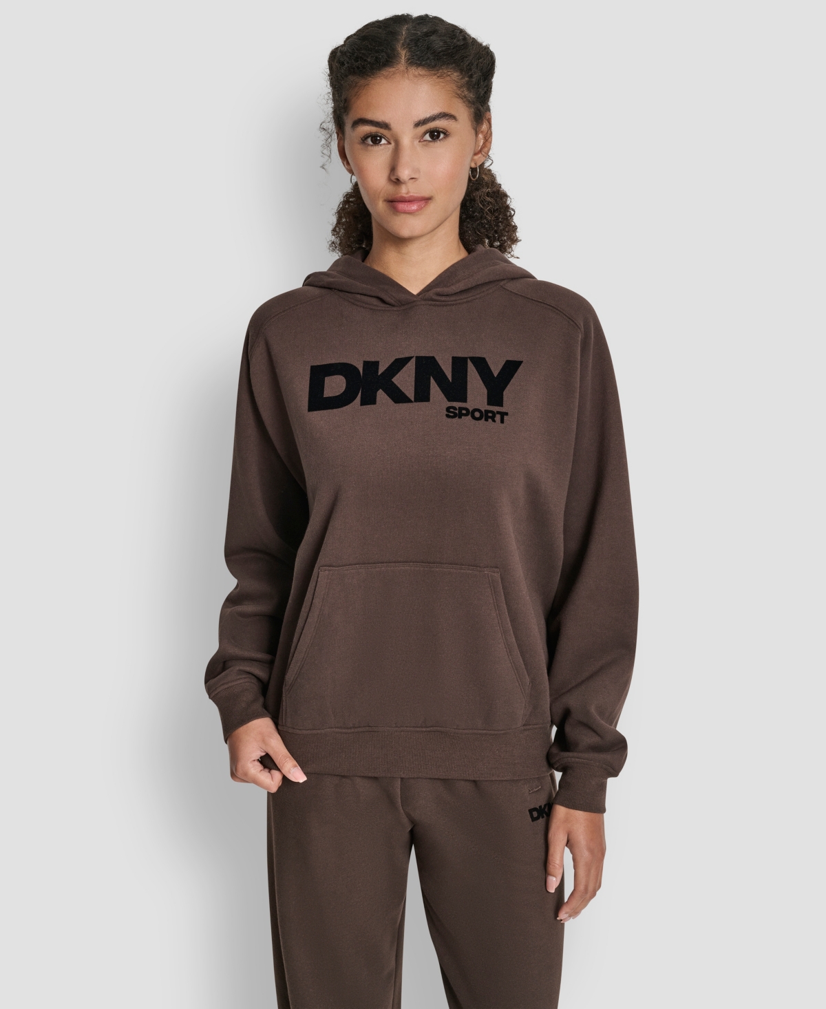 Click here for Dkny Womens Flock Logo Kanga Pocket Pull-On Hoodie... prices