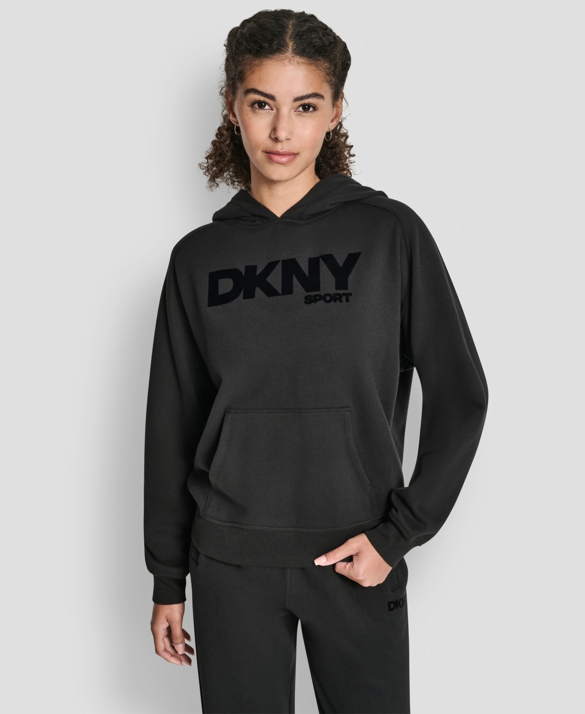 Click here for Dkny Womens Flock Logo Kanga Pocket Pull-On Hoodie... prices