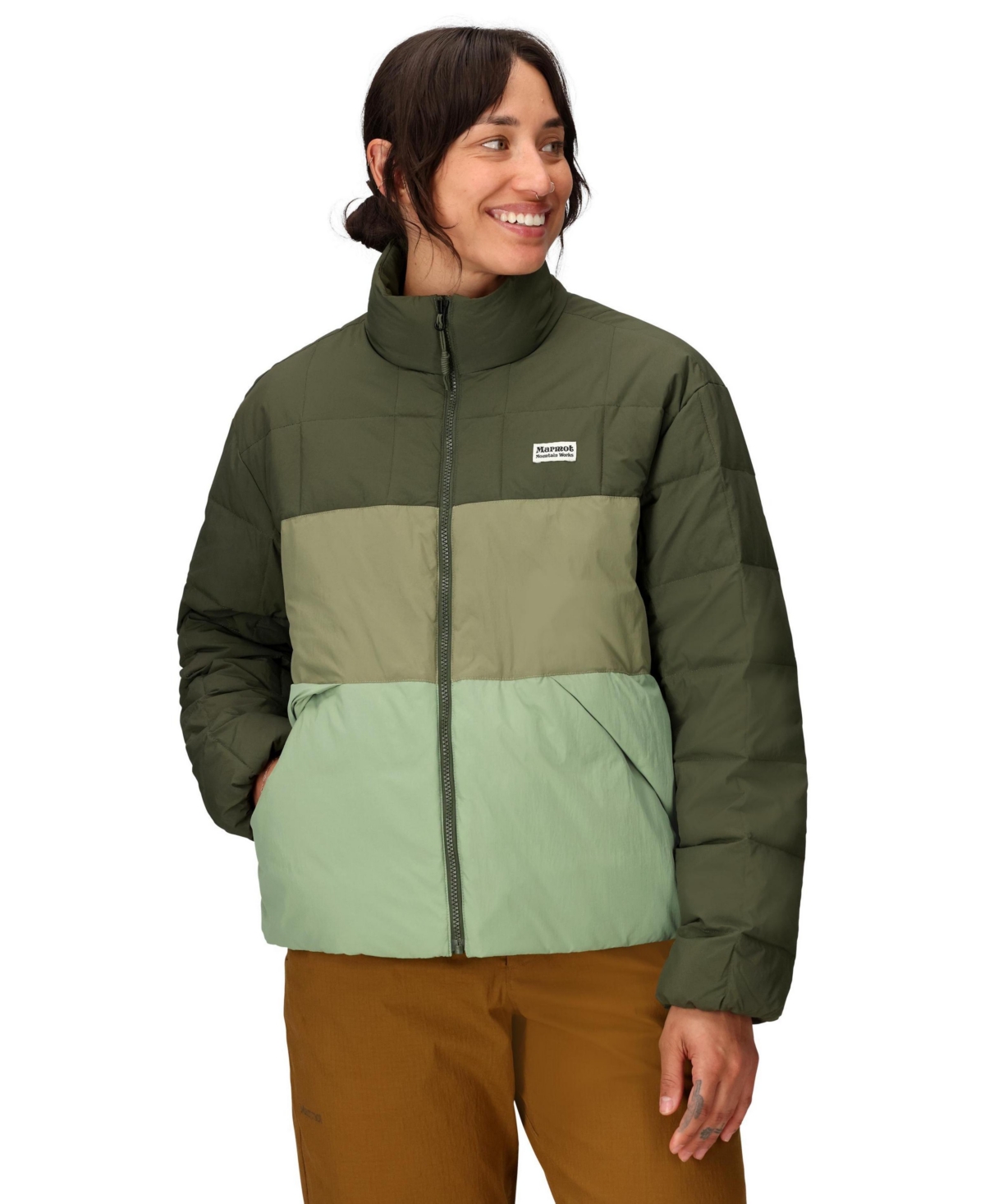 Click here for Marmot Womens Ares Colorblocked Down Jacket - Nori... prices