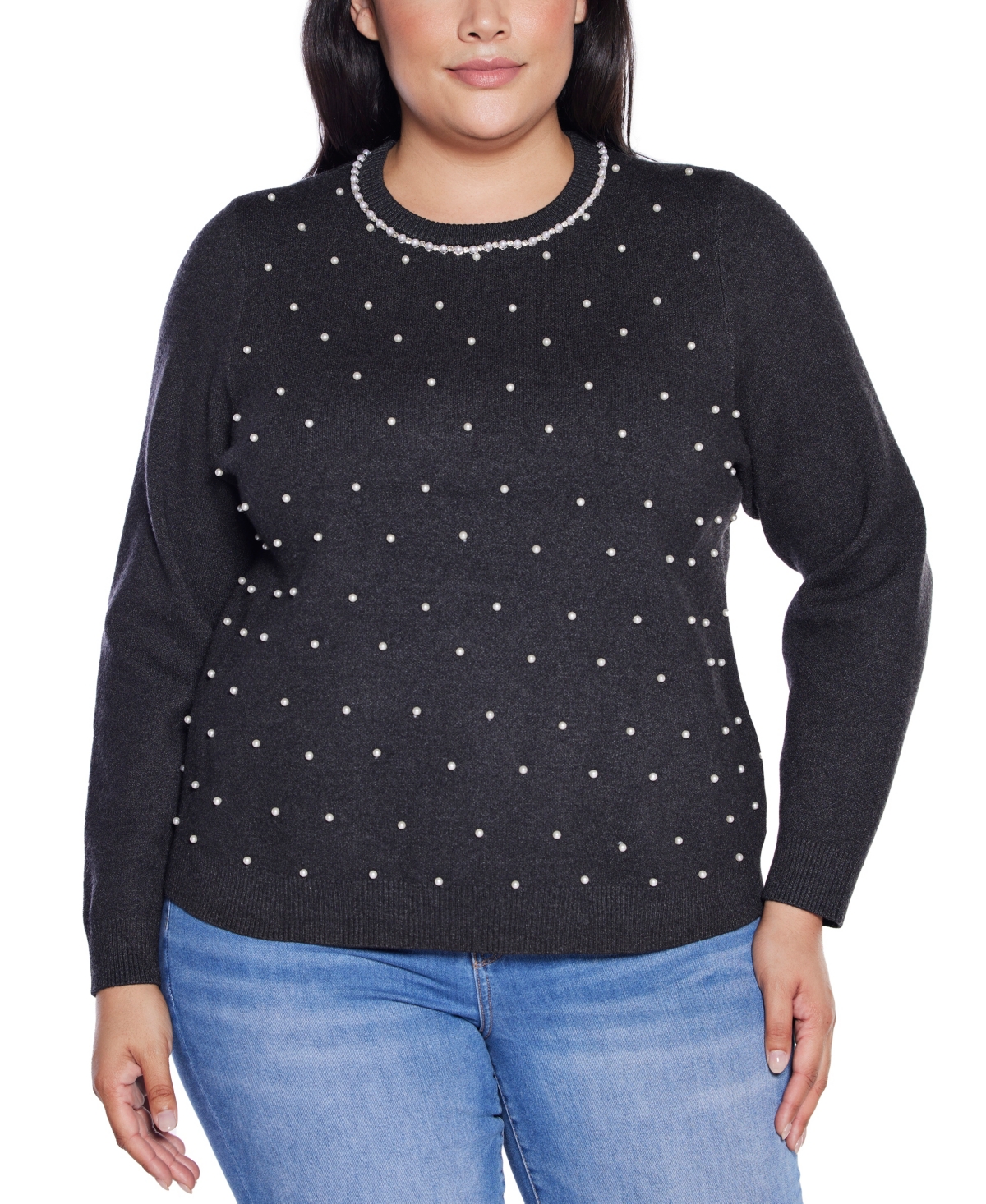 Belldini Plus Size Front-Embellished Sweater - Heather Charcoal
