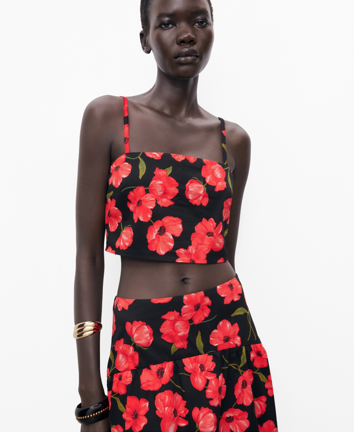 Click here for Mango Womens Floral Crop Top - Black prices