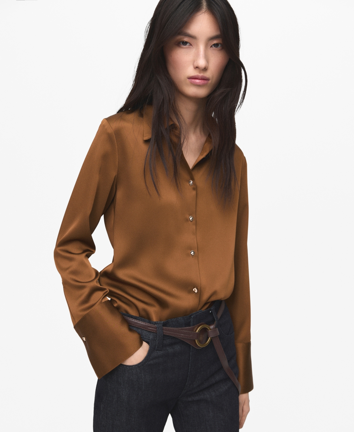 Click here for Mango Womens Satin Finish Flowy Shirt - Mustard prices