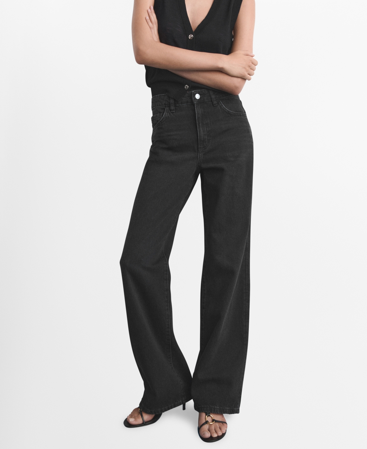 Click here for Mango Womens Danila Wide Leg High-Rise Jeans - Bla... prices