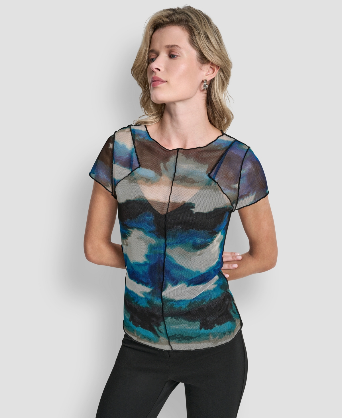 Click here for Dkny Womens Printed Mesh Xposd Seam Short Sleeve T... prices