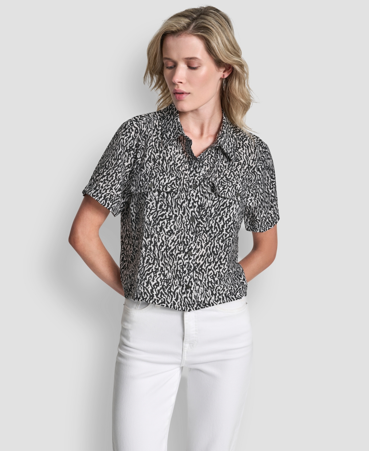 Click here for Dkny Womens Printed Camp Short Sleeve Shirt - Logo... prices