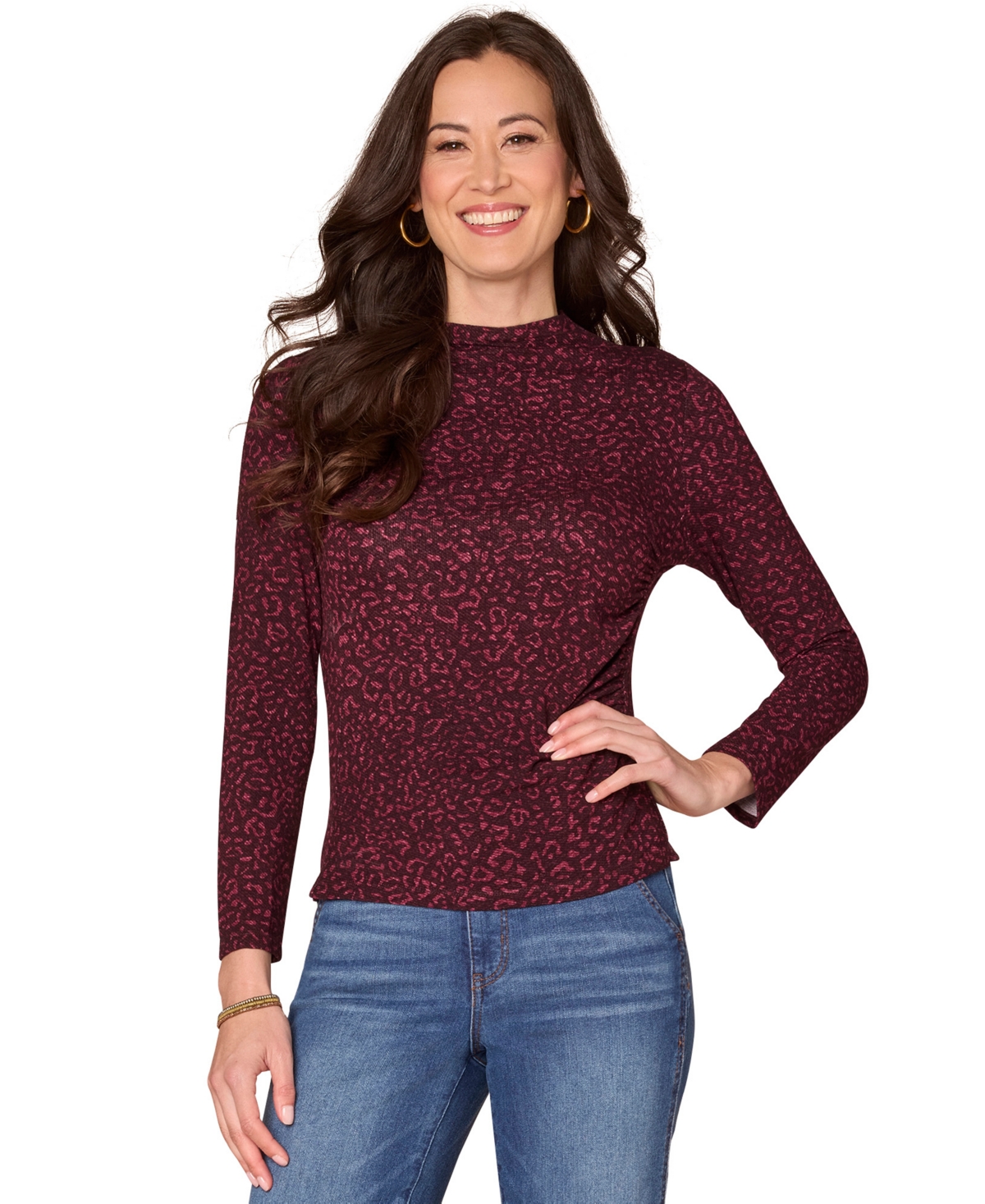 Click here for Democracy Petite Leopard-Print Mock Neck Top - Win... prices