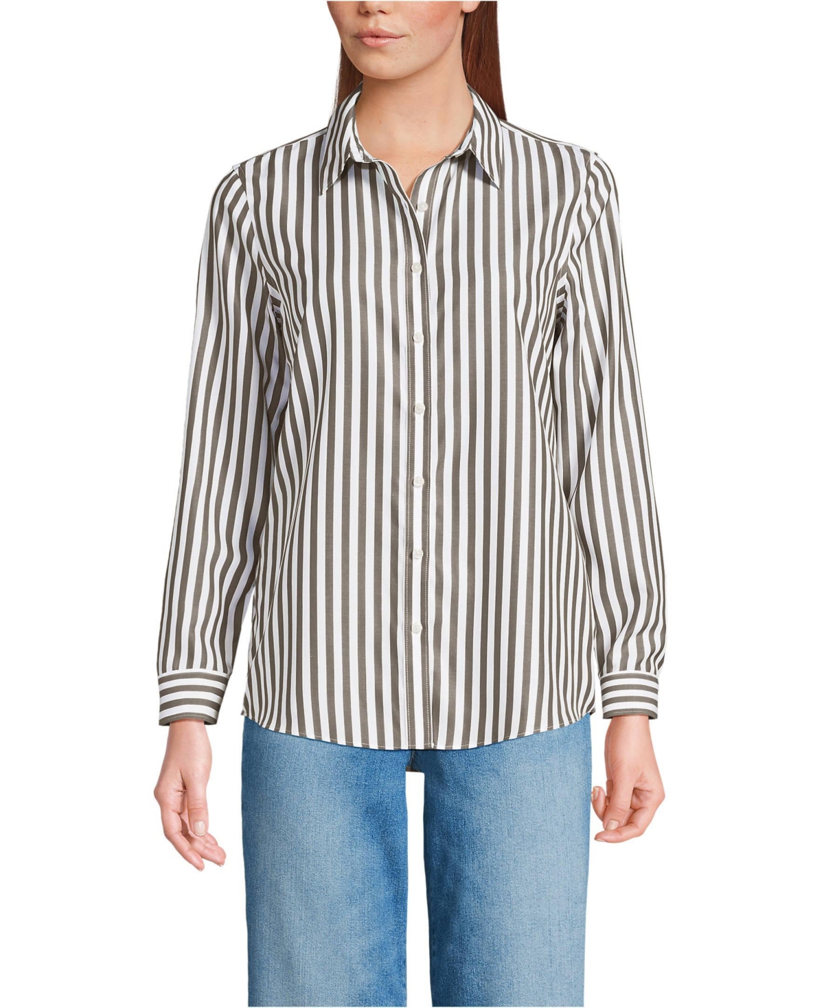 Click here for Lands End Womens No Iron Button Front Shirt - Oliv... prices