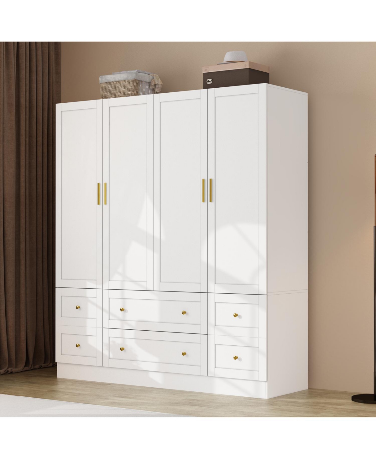 Click here for Simple white 4-door 6-drawer wardrobe with large c... prices