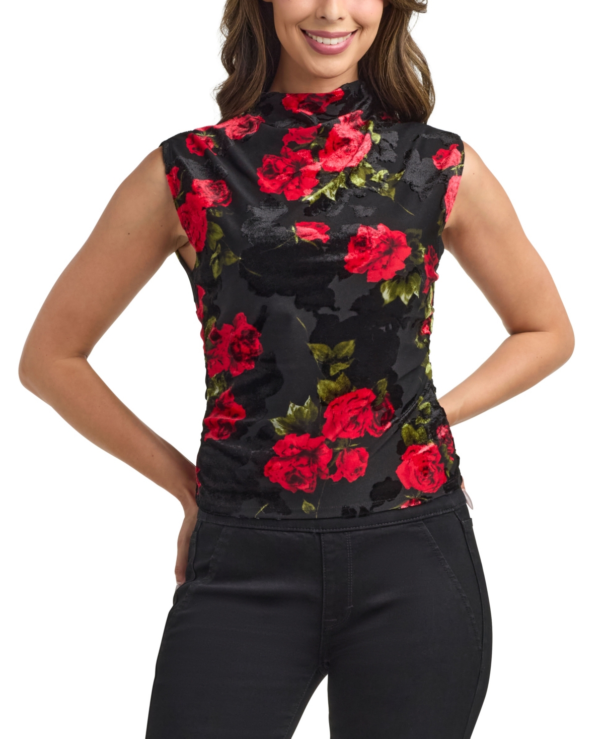 Click here for Bcx Womens Floral Print Mock Neck Sleeveless Top -... prices