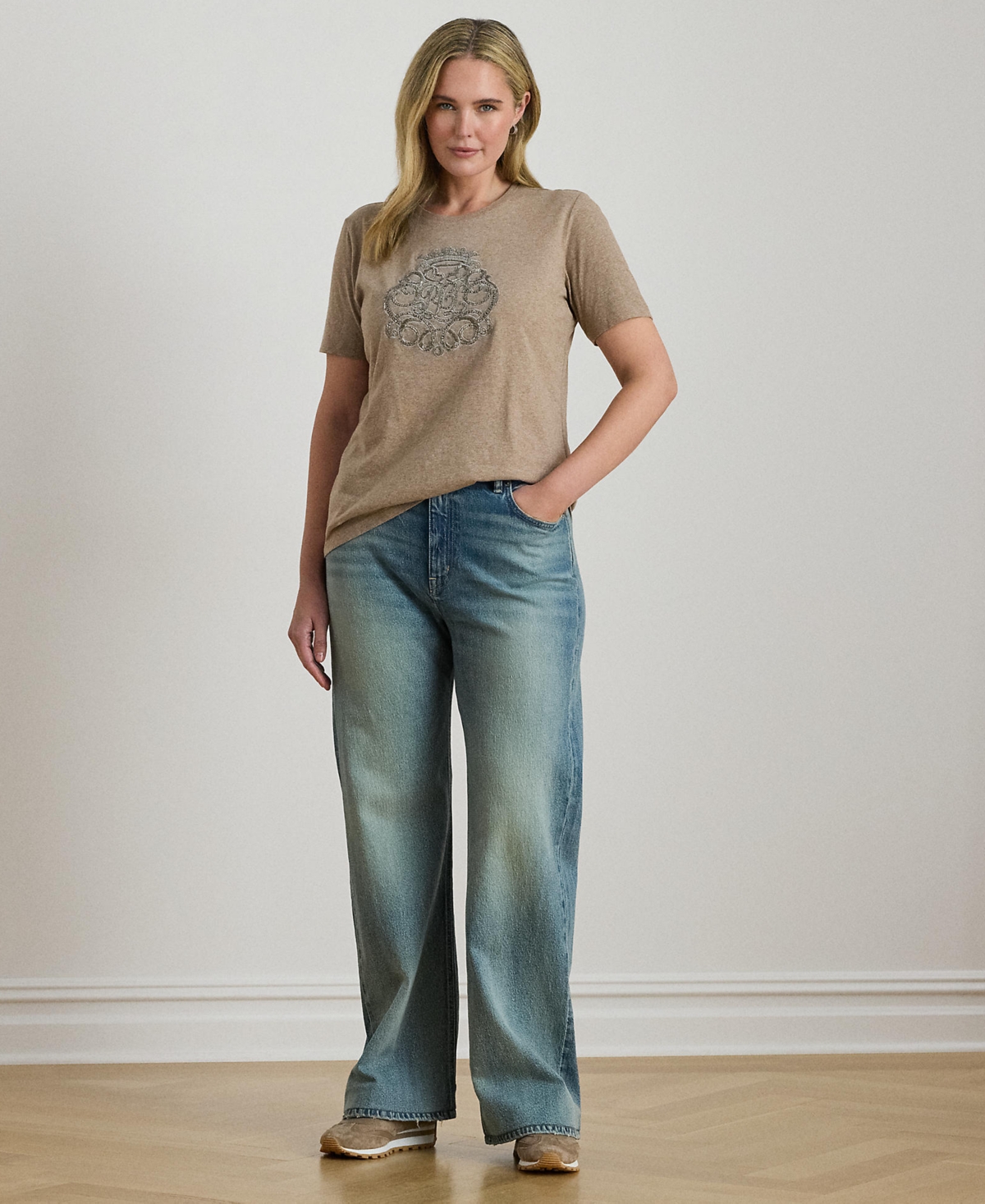 Lauren Ralph Lauren Plus Size Beaded-Crest Cotton Jersey T-Shirt - Adirondack Heather