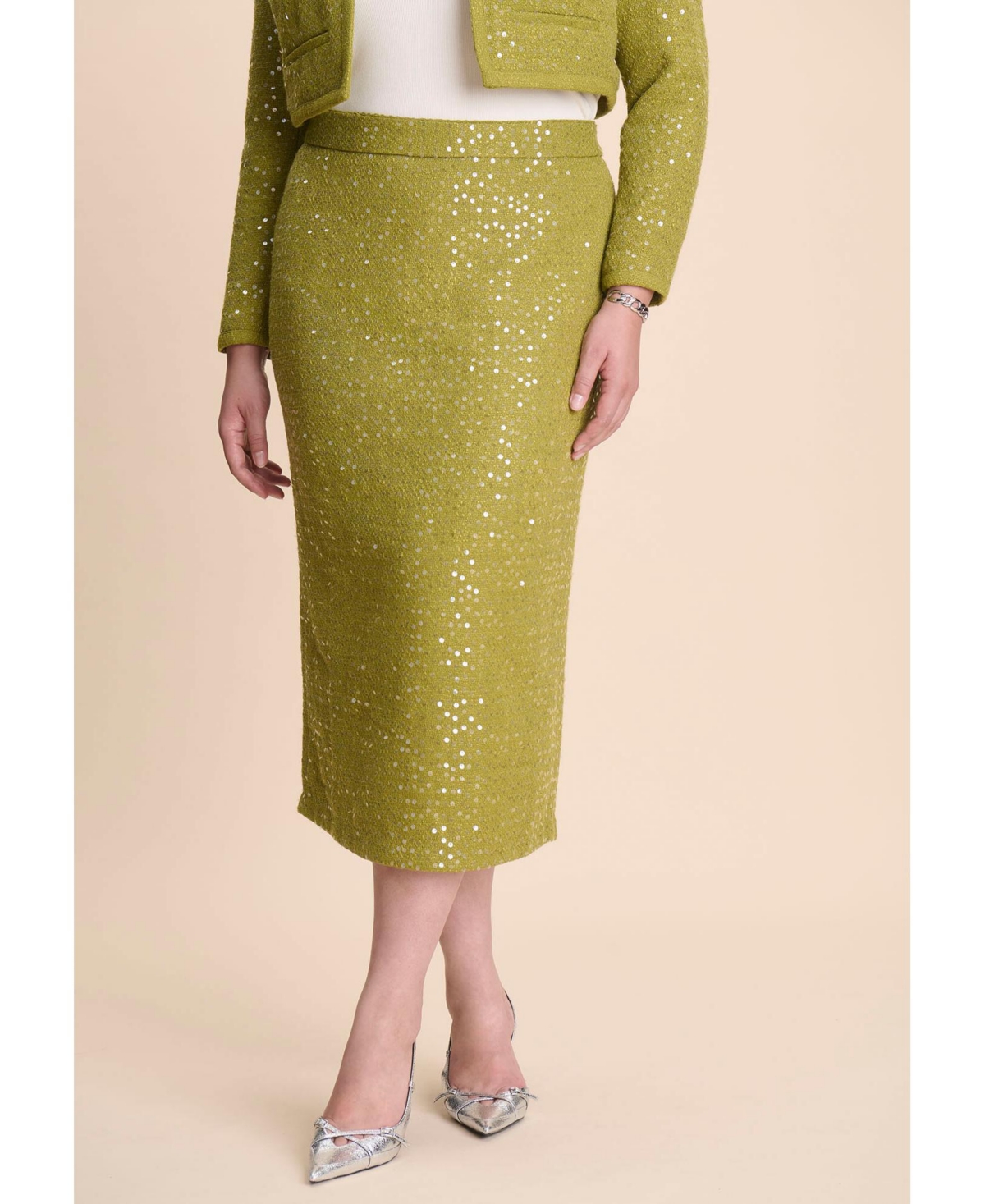 Click here for Eloquii Womens Sequin Tweed Midi Skirt - Golden cy... prices