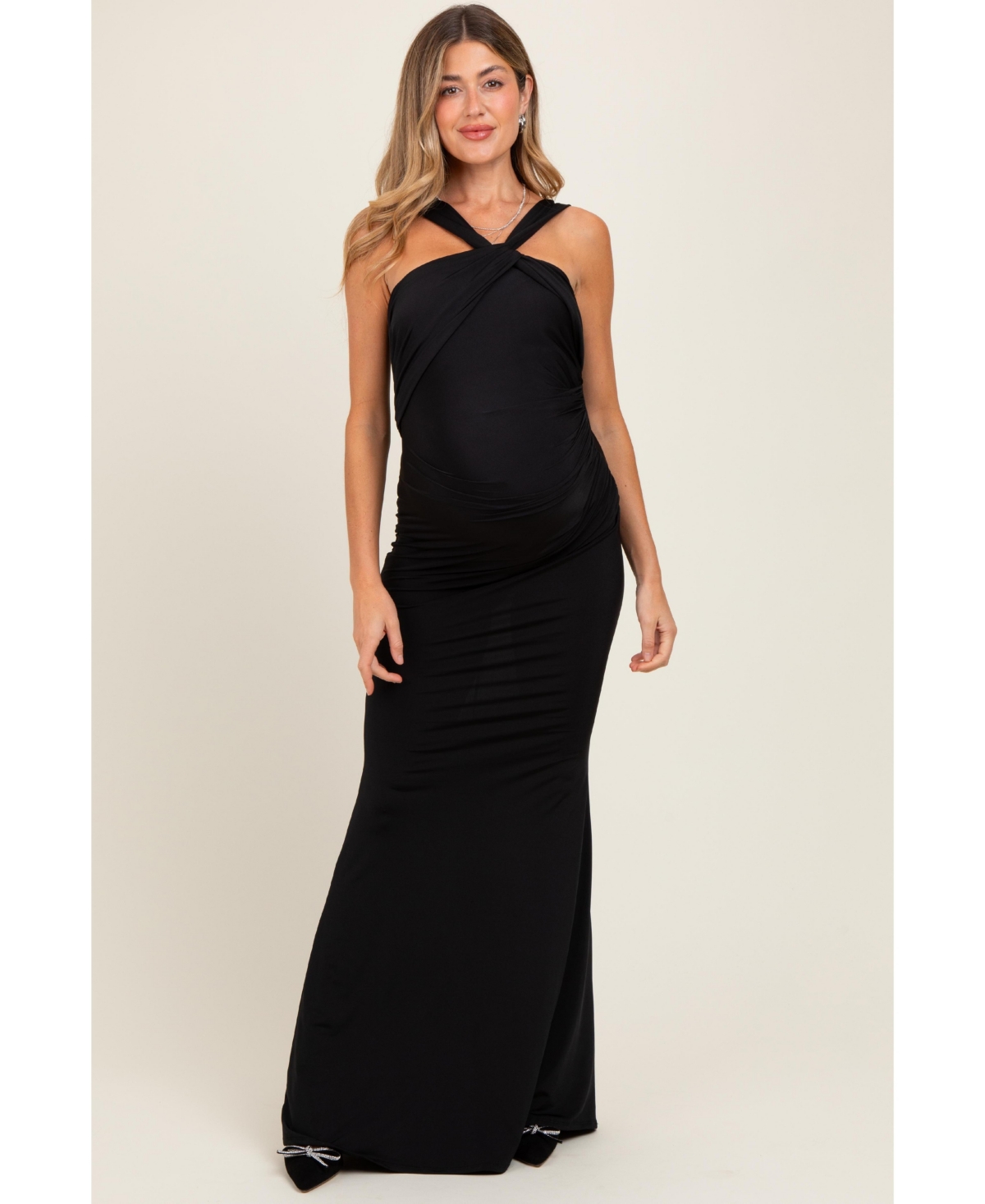Click here for Pinkblush Maternity Black Twist Front Ruched Maxi... prices