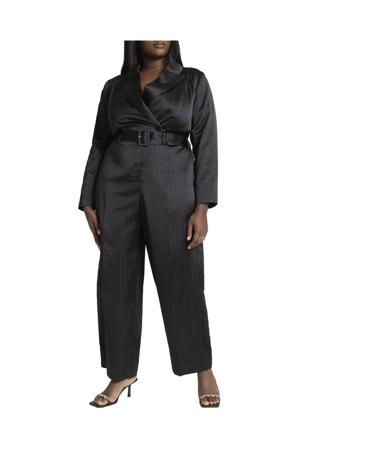 Click here for Eloquii Womens Pinstripe Blazer Jumpsuit - Black o... prices