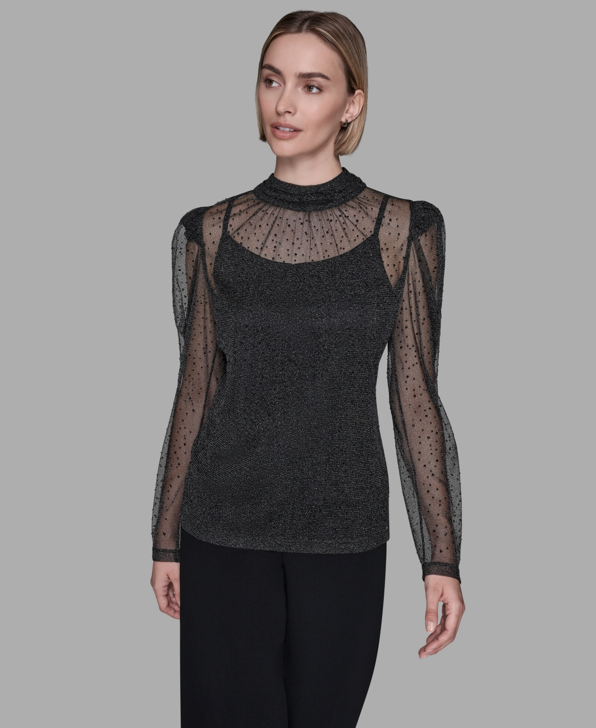 Click here for Karl Lagerfeld Paris Womens Metallic Mesh High Nec... prices