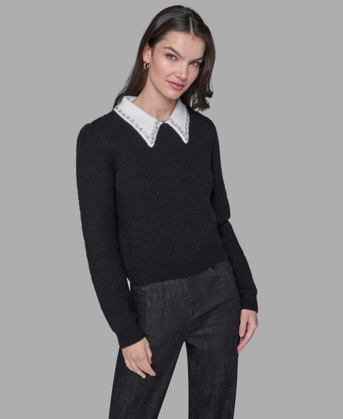Karl Lagerfeld Paris Womens Contrast Collar Sweater - Black/soft White