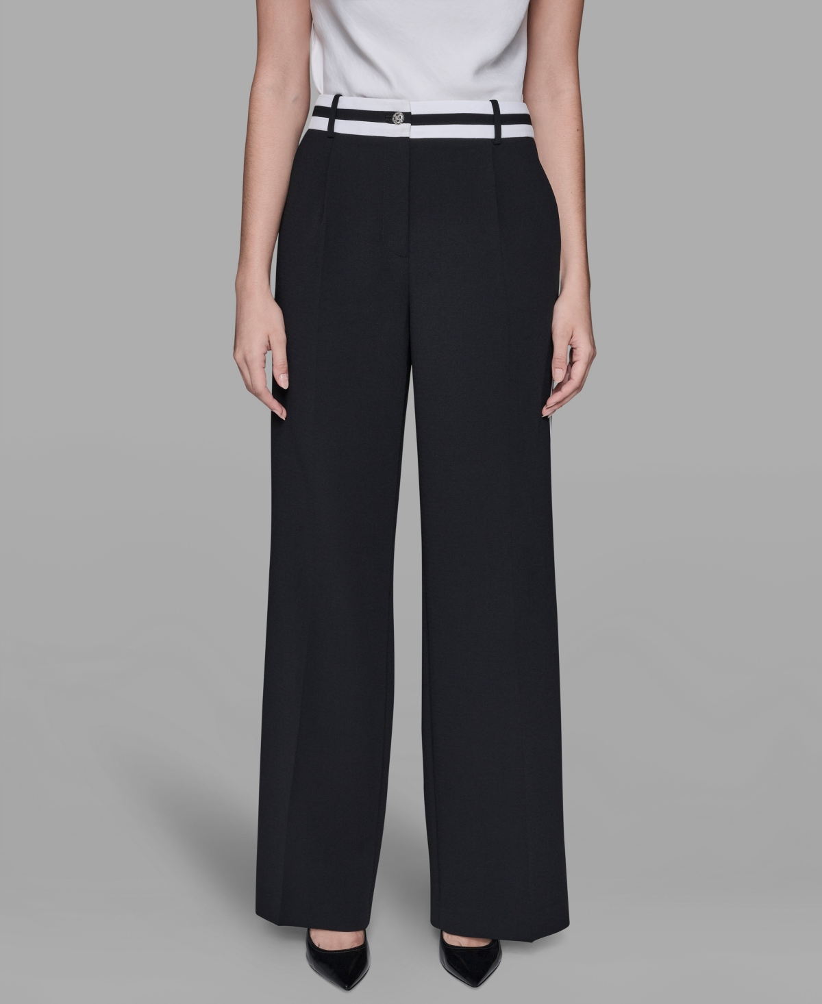 Karl Lagerfeld Paris Womens High-Rise Contrast Band Pants - Black