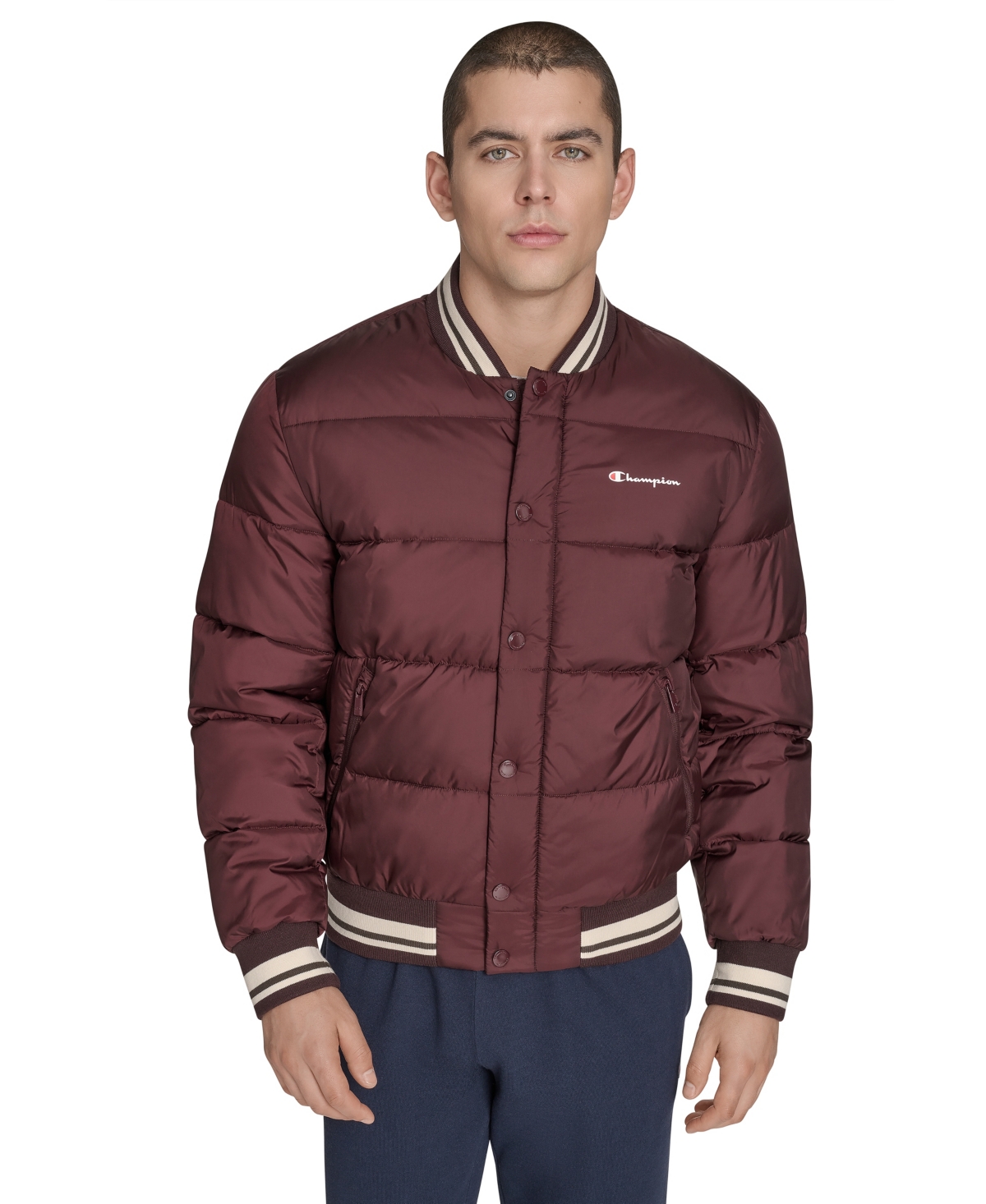 Click here for Champion Mens Quilted Varsity Puffer Jacket - Wine prices