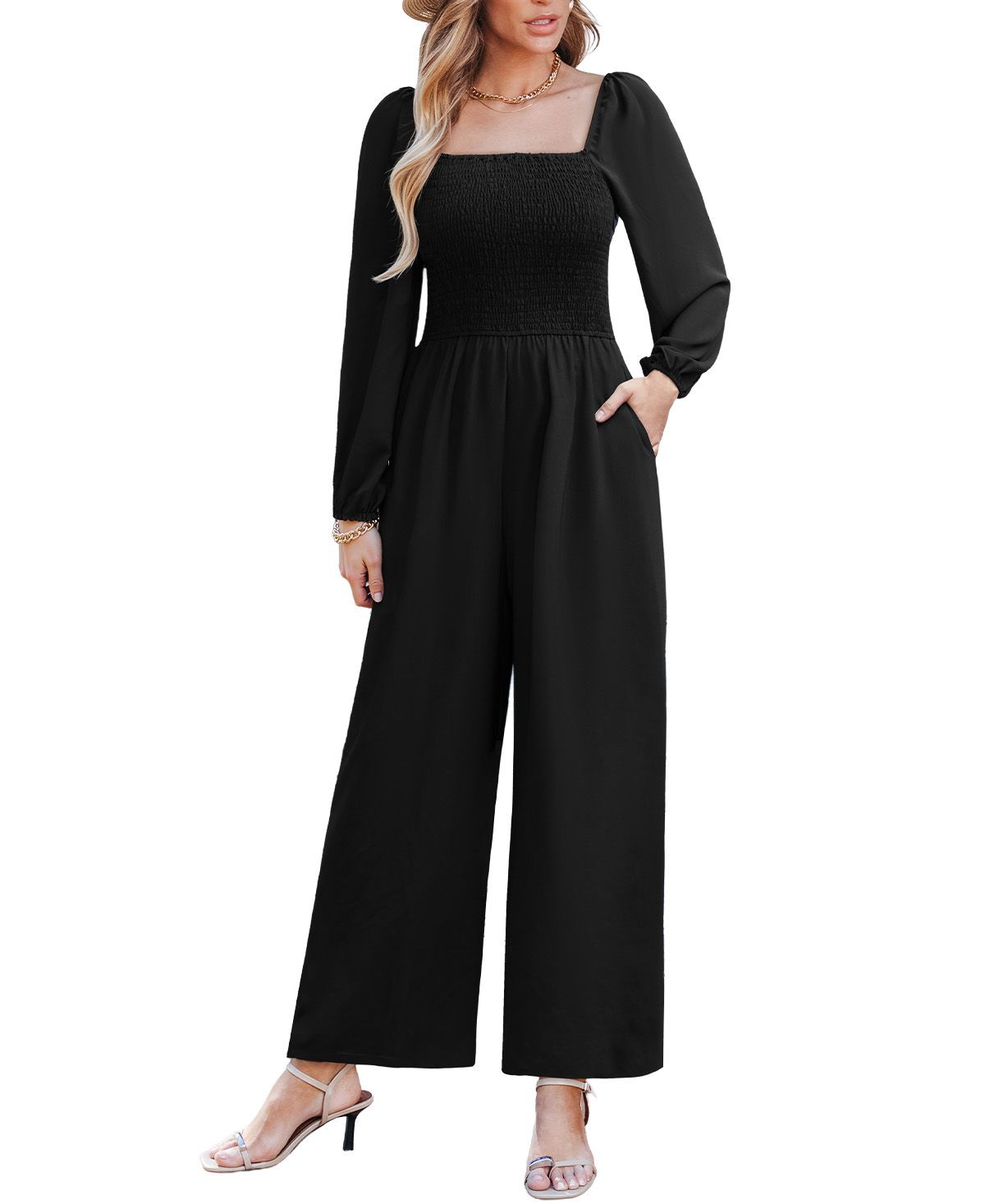 Cupshe Womens Chic Smocked Square Neck Wide Leg Jumpsuit - Black