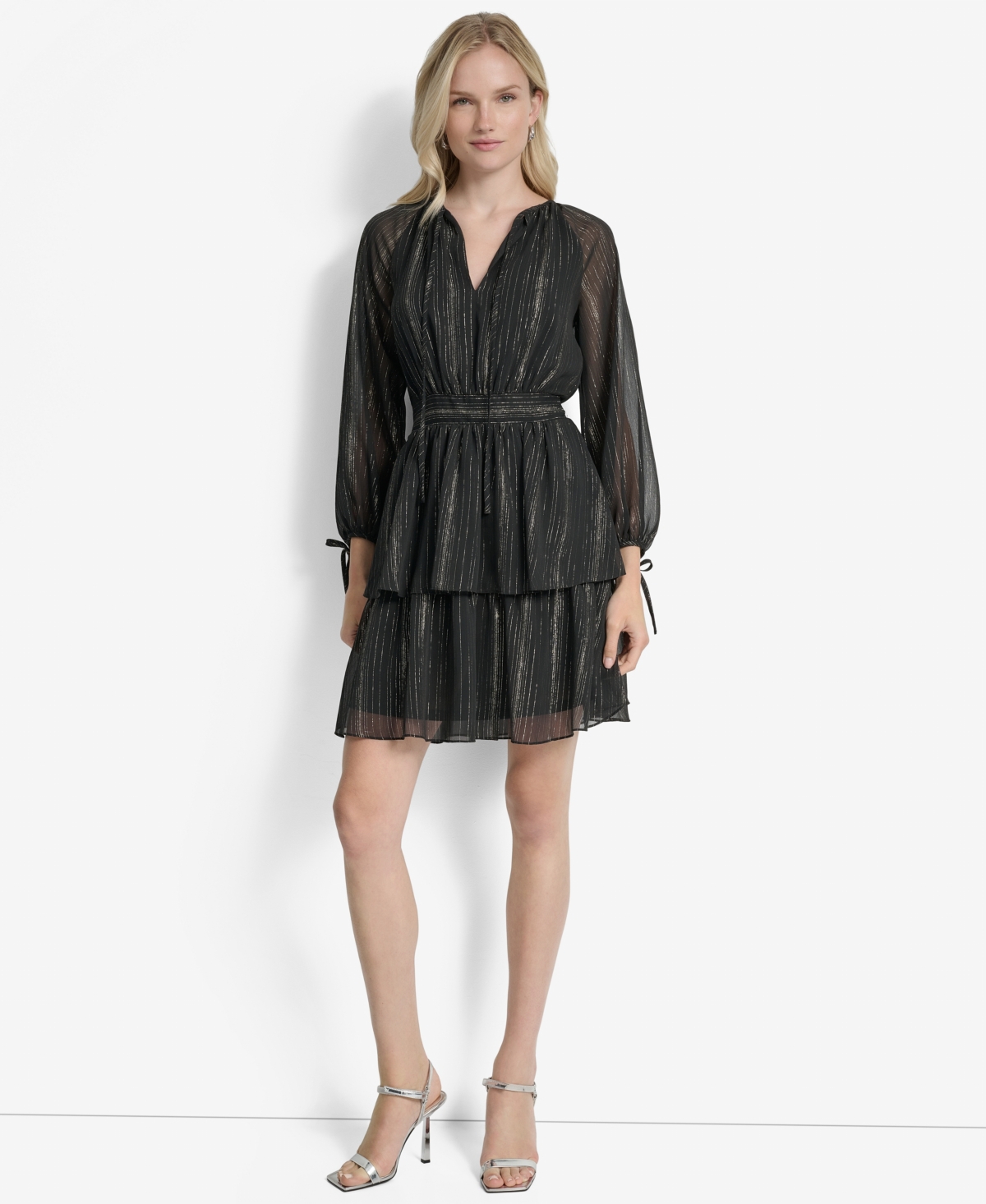 Click here for Dkny Womens Long Sleeve Metallic Dress - Black/Sil... prices