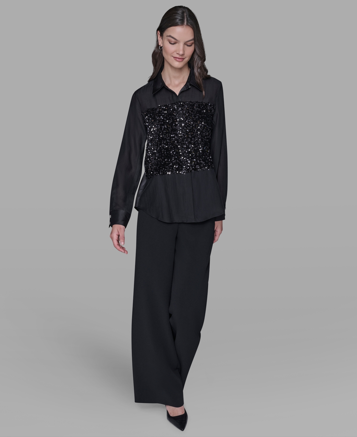 Karl Lagerfeld Paris Womens Collar Sequin Detail Top - Black