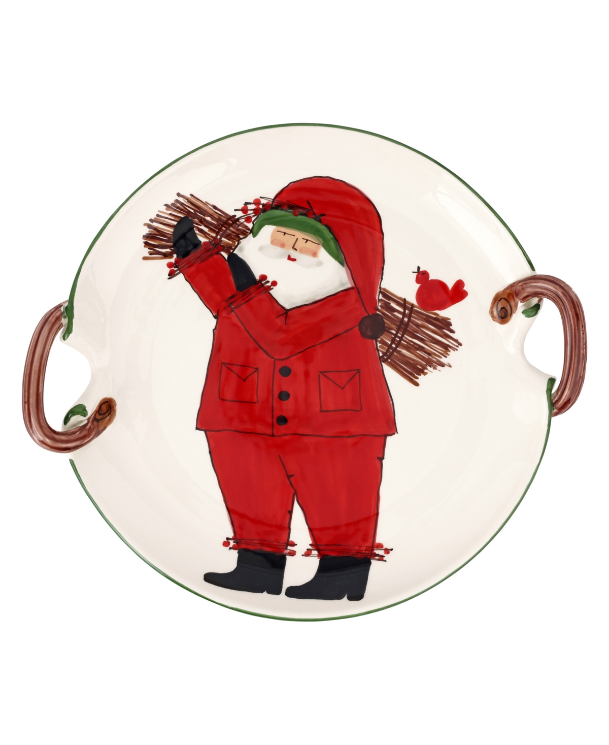 Vietri Old St. Nick Handled Round Platter with Sticks - Red