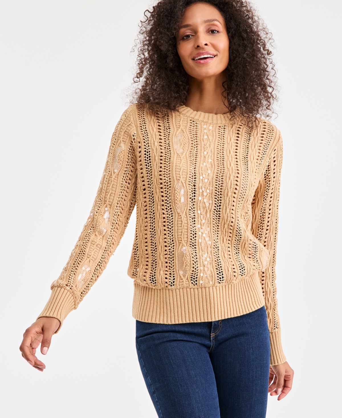 Style & Co Womens Textured Shine Crewneck Sweater  Macys Exclusive - Natural Camel