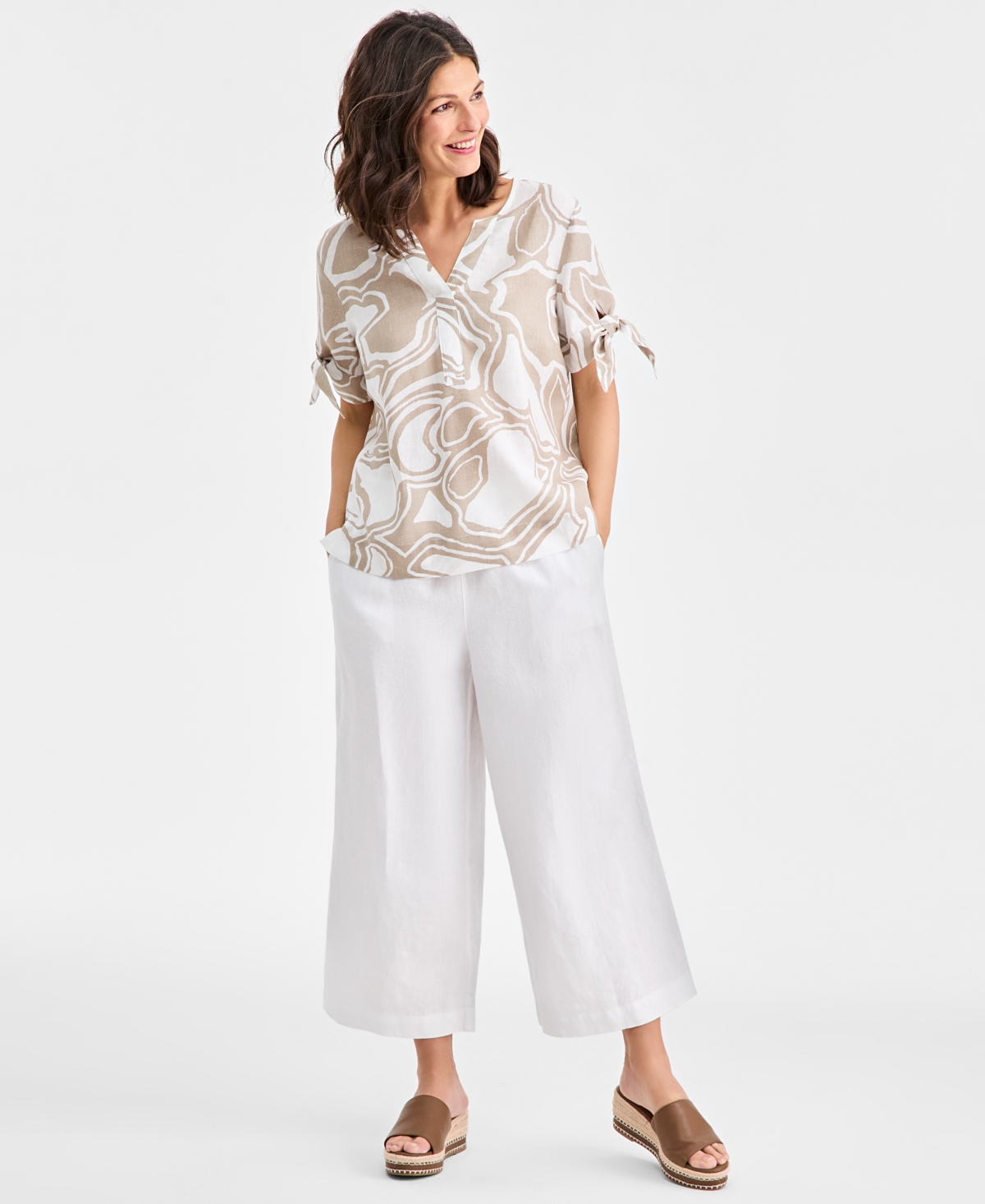 Click here for Charter Club Womens 100 Linen Tile Tie-Cuff Split-... prices